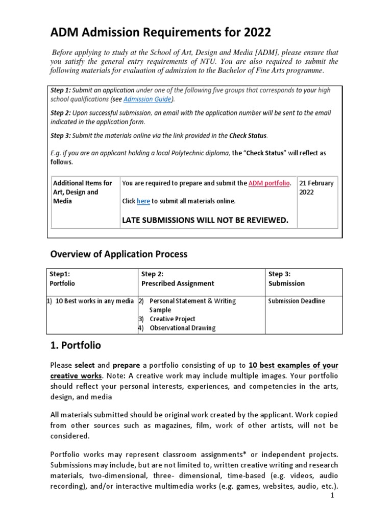 ADM Admission Requirements For 2022: 1. Portfolio | PDF | Multimedia ...