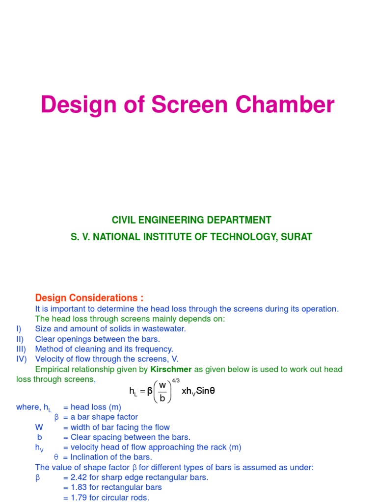Design of Screen Chamber: Civil Engineering Department S. V. National ...