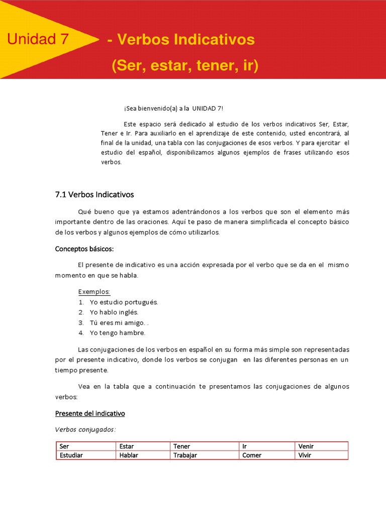 Verbos Indicativos (Ser, Estar, Tener, Ir) | PDF | Verbo | Conjugación ...