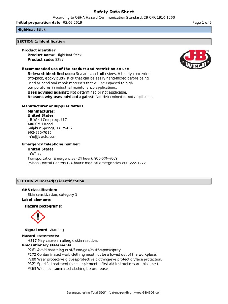 Ficha Seguridad JB HighHeat | PDF | Dangerous Goods | Firefighting