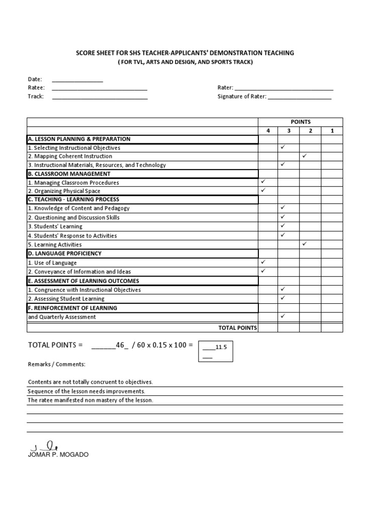 SHS Scoresheet Frederick Liclic | PDF | Learning | Behavior Modification