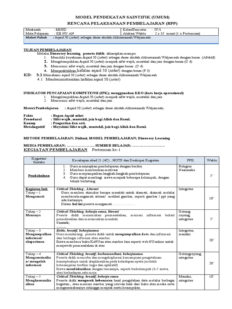 RPP Sederhana Model Inqury Learning (Penemuan) | PDF