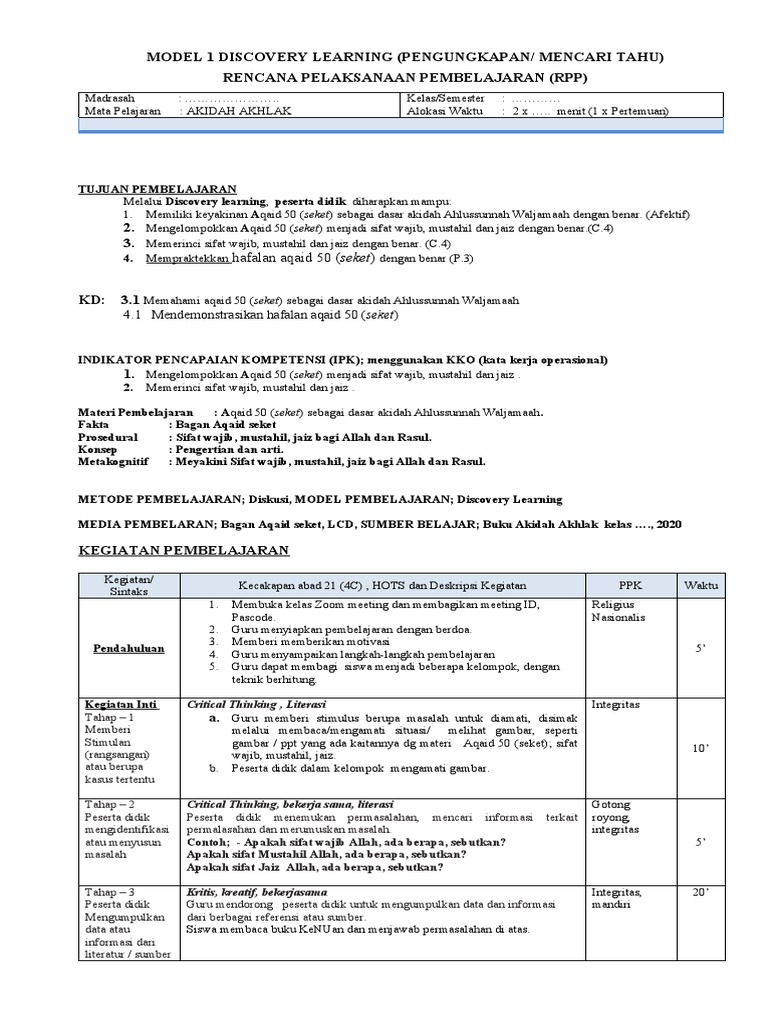 RPP Sederhana Model Discovery Learning (Mencari Tahu) | PDF