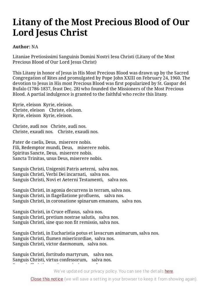Litany of The Most Precious Blood of Our Lord Jesus Christ - EWTN | PDF ...