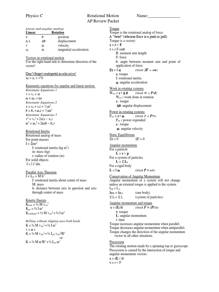 Physics C Rotational Motion Name: - AP Review Packet | Download Free ...