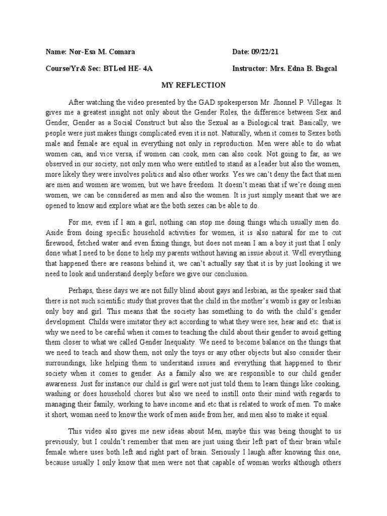 Reflection For GAD | PDF | Gender | Gender Studies