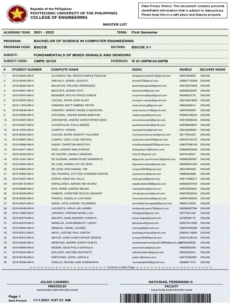 BSCOE Student Master List | PDF | Privacy | Information Science