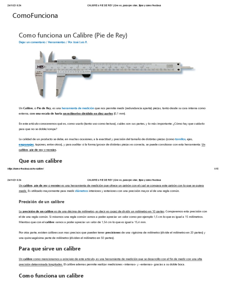CALIBRE o PIE DE REY - Que Es, para Que Sirve, Tipos y Como Funciona | PDF