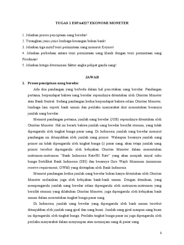 Tugas 1 Espa4227 Ekonomi Moneter | PDF