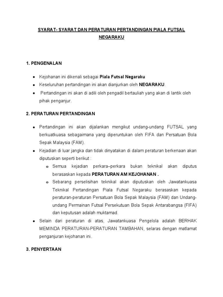 Syarat Syarat Dan Peraturan Pertandingan Piala Futsal Negaraku | PDF ...