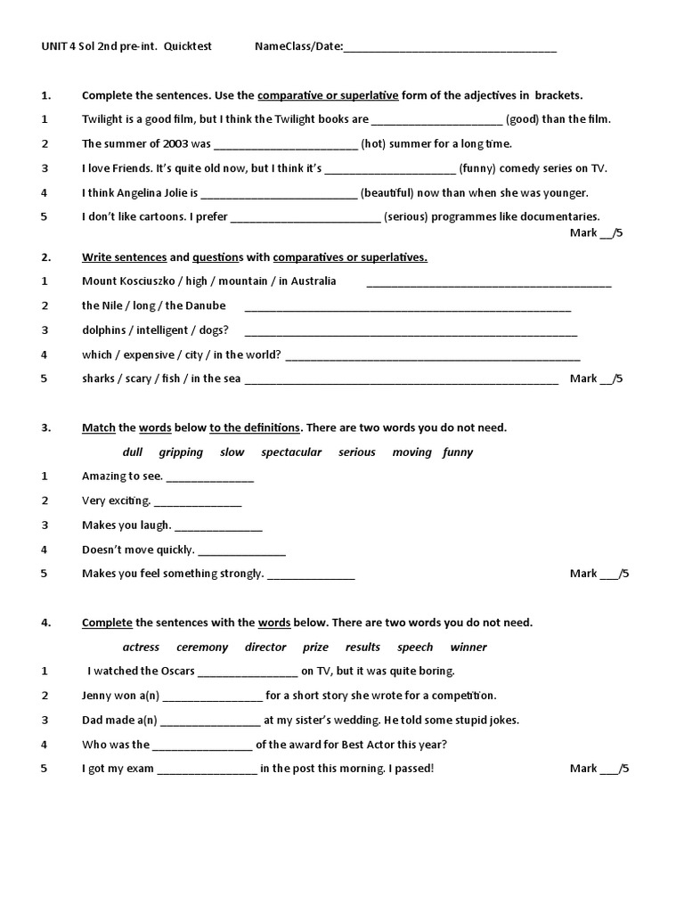 Pre-Int Unit 4 Quick Test | PDF | Linguistics