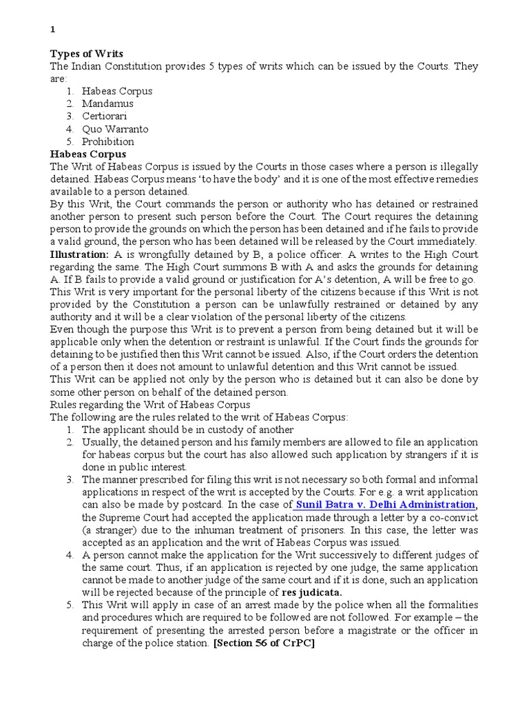 Types of Writs | PDF | Mandamus | Writ