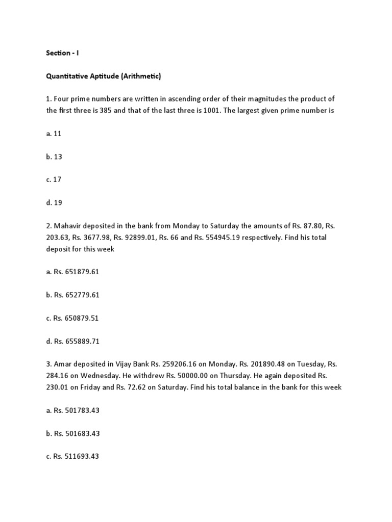 Section - I Quantitative Aptitude (Arithmetic) | PDF | Agriculture | Computer Hardware