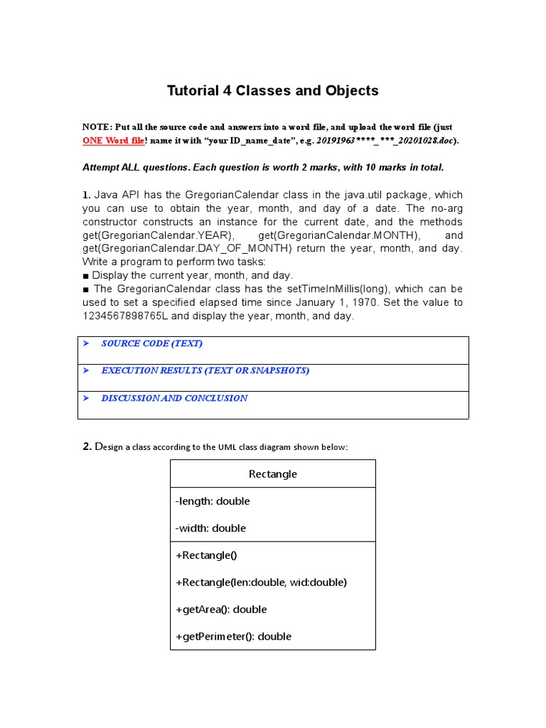 Tutorial 4 Classes and Objects: 1. Java Api Has The Gregoriancalendar Class in The Java - Util ...