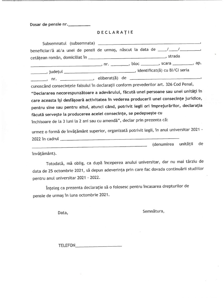 Declaratie Pensie Urmas Student | PDF