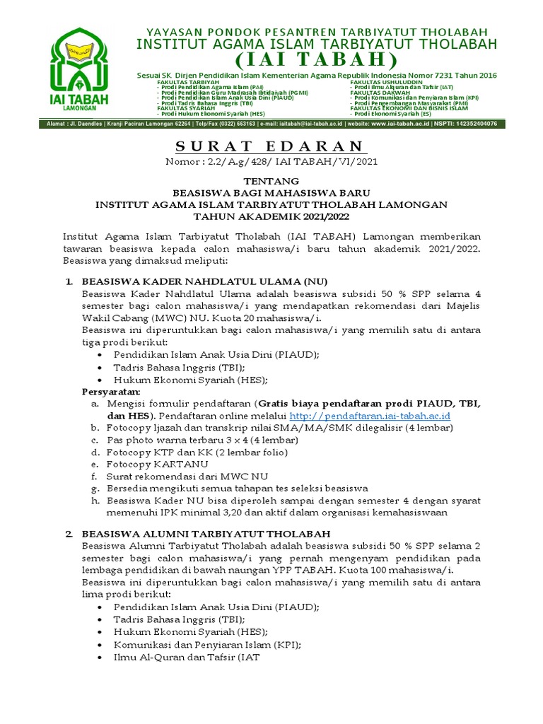 Beasiswa IAI TABAH 2021/2022 | PDF