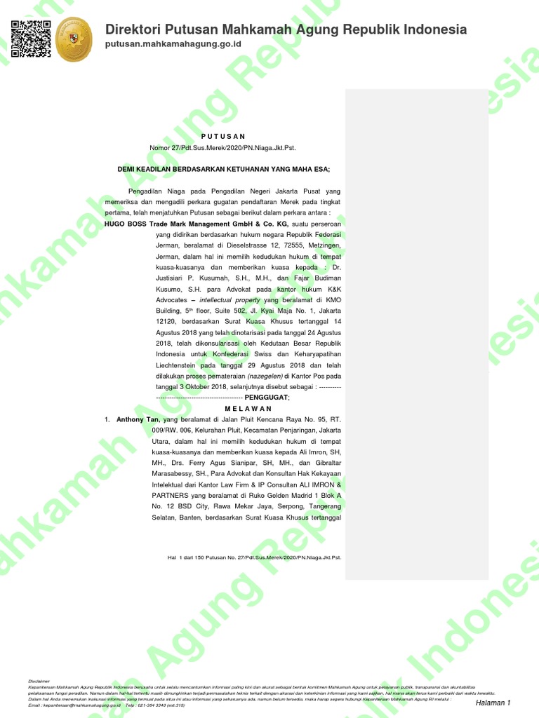 Putusan 27 PDT - Sus.merek 2020 PN - Niaga.jkt - PST 20210918 | PDF