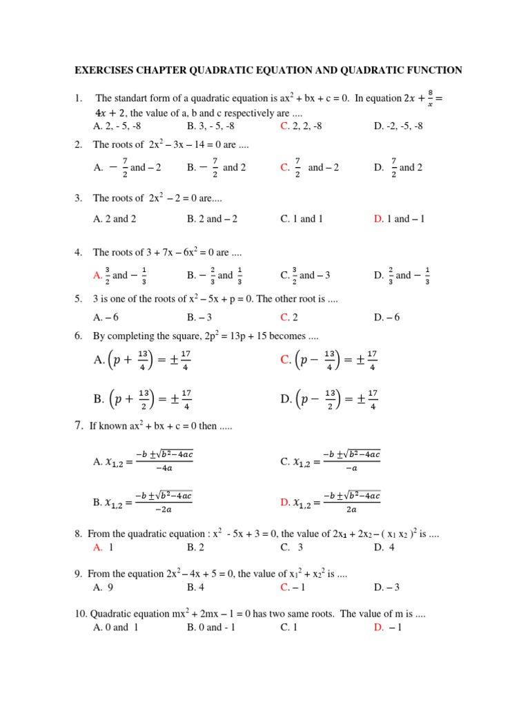 Exercises on quadratic equations and functions | PDF | Quadratic ...