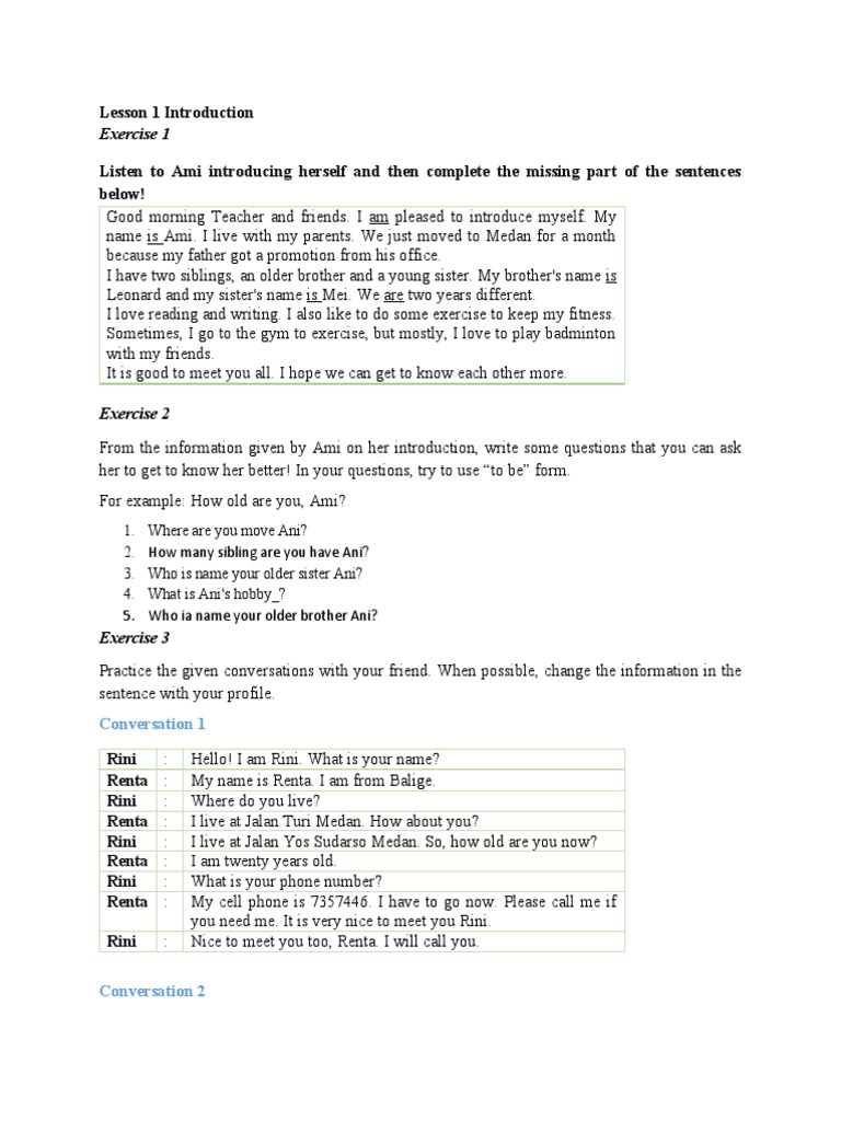 Lesson 1 Introduction Exercise | PDF