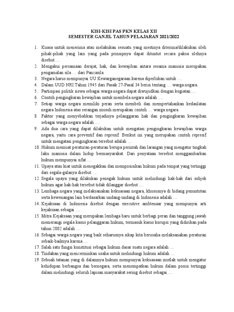 Kisi - Kisi PAS PKN Kelas XII | PDF