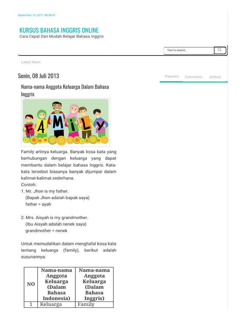 Nama-Nama Anggota Keluarga Dalam Bahasa Inggris - Kursus Bahasa Inggris Online | PDF