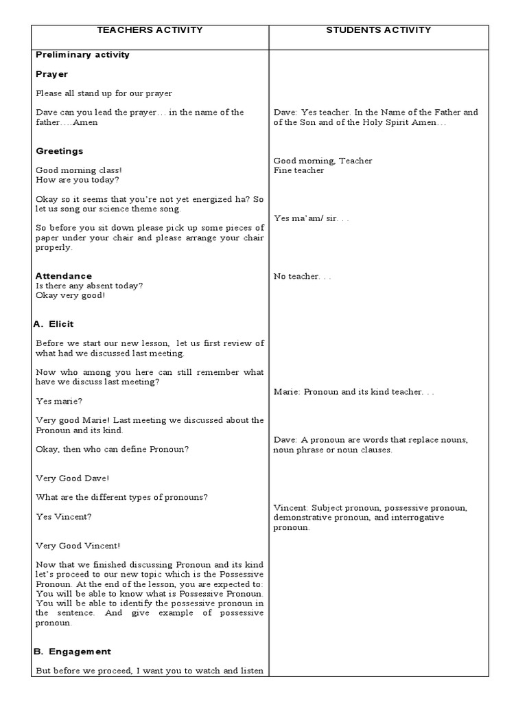 7 E's Lesson Plan in English (Possessive Pronoun) | PDF | Pronoun | Noun