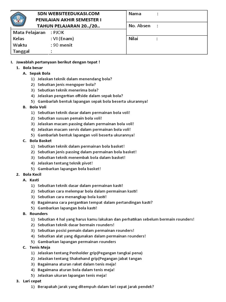 Soal Pas Pjok Kelas Vi K13 | PDF