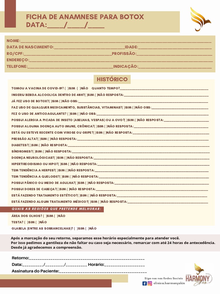 (Clínica Harmony Skin) Ficha de Anamnese Botox | PDF | Toxina ...