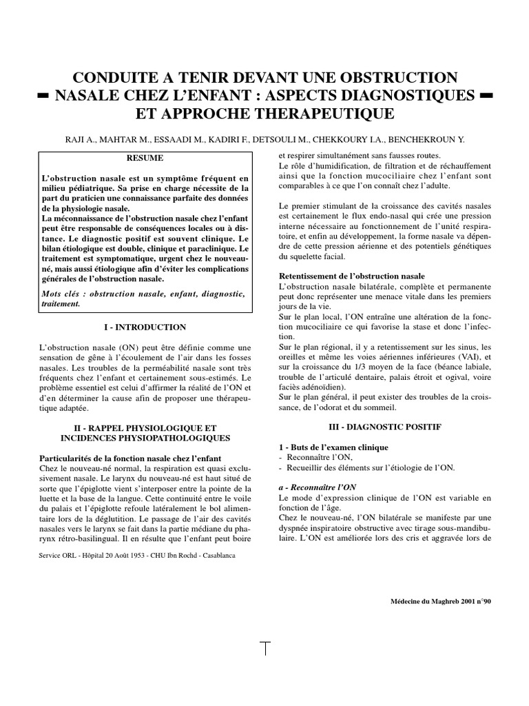 Conduite A Tenir Devant Une Obstruction Nasale Chez L'Enfant: Aspects ...