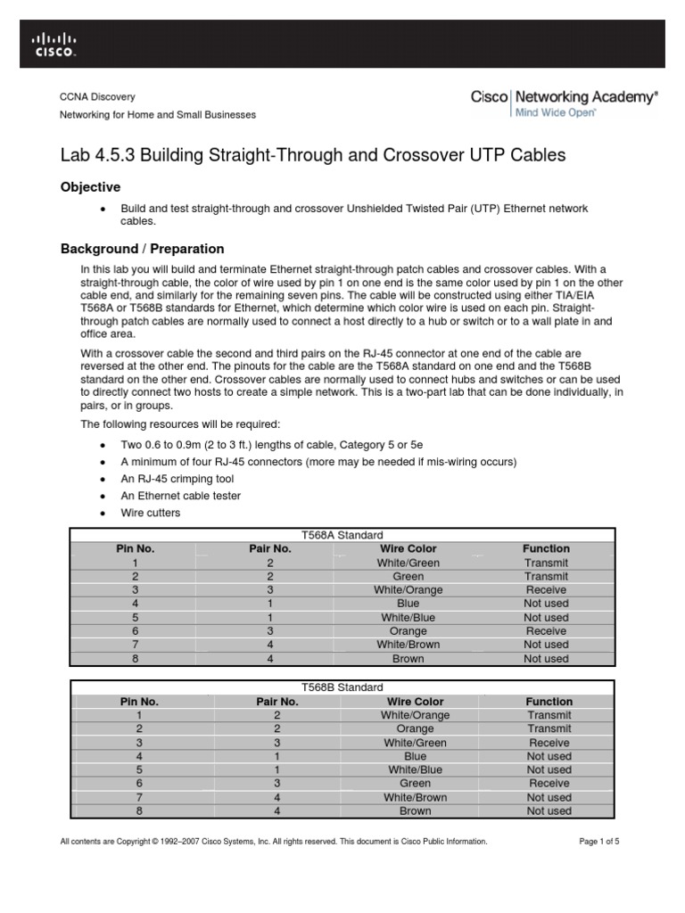 Lab 4.5.3 Building Straight-Through and Crossover UTP Cables | PDF ...