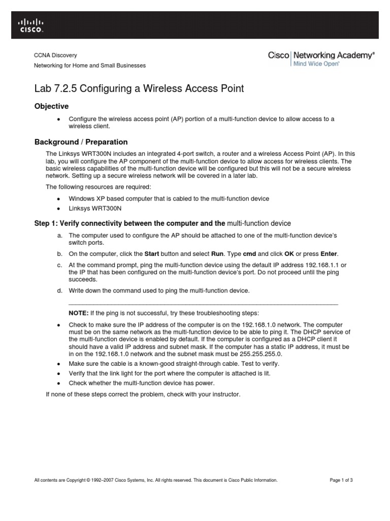 Lab 7.2.5 Configuring A Wireless Access Point | PDF | Ip Address ...