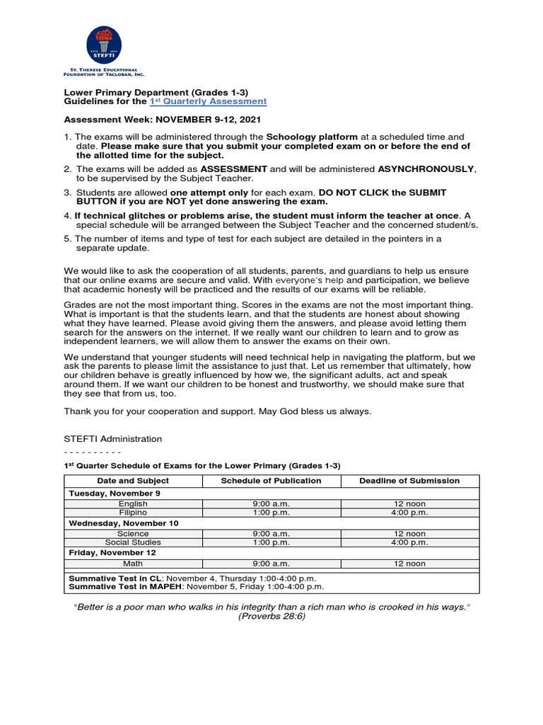 1st Quarter Assessment Guidelines LP Dept | PDF | Educational ...