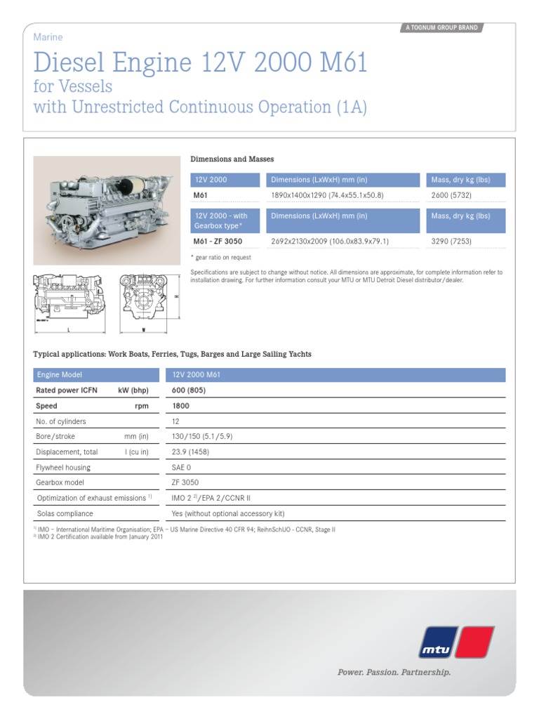 Diesel Engine 12V 2000 M61: For Vessels With Unrestricted Continuous ...