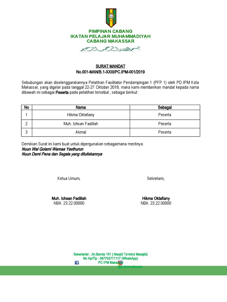 Surat Mandat Peserta PFP 1 IPM Makassar | PDF