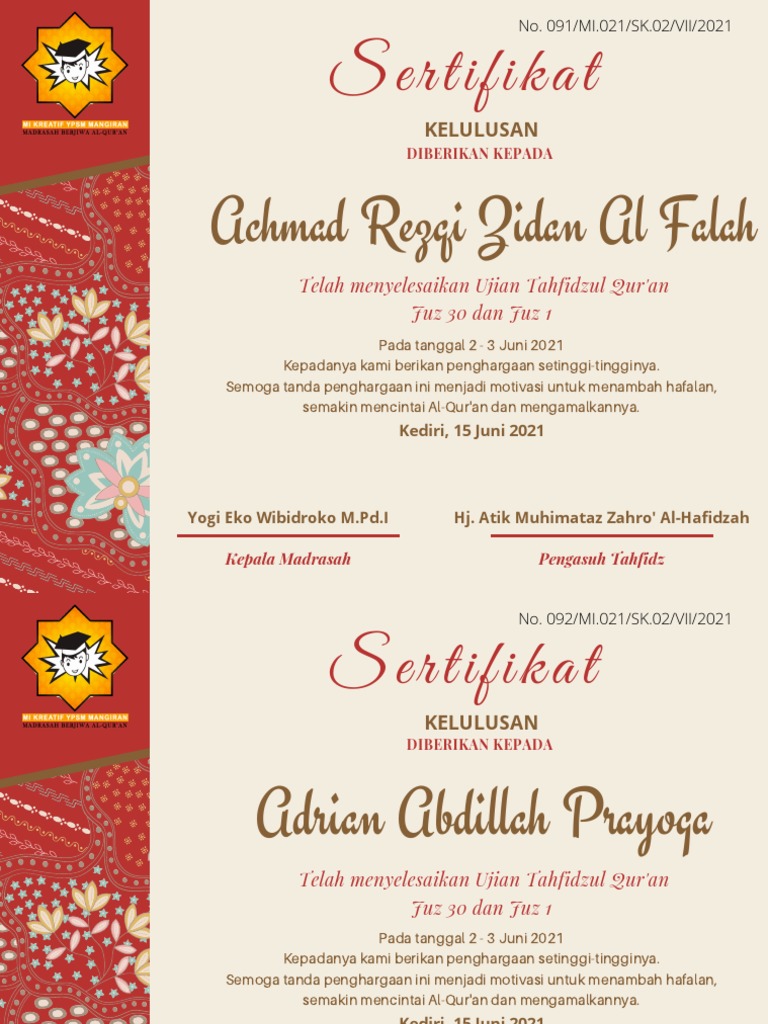 Sertifikat Kelulusan Tahfidz Qur'an 2021 | PDF