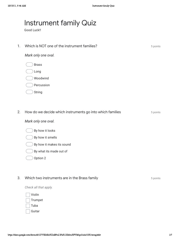 Instrument Family Quiz | PDF | String Instruments | Musical Instruments
