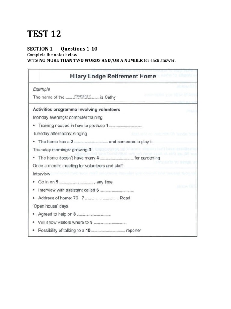 Test 12: SECTION 1 Questions 1-10 | PDF