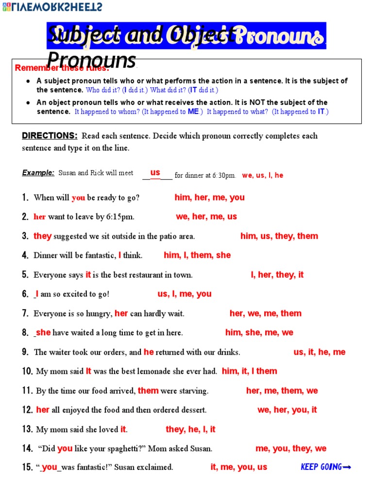Subject and Object Pronouns: DIRECTIONS: Read Each Sentence. Decide ...