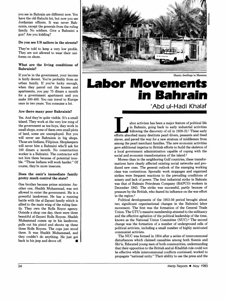 Labor Movements in Bahrain, Khalaf, 1985 | PDF