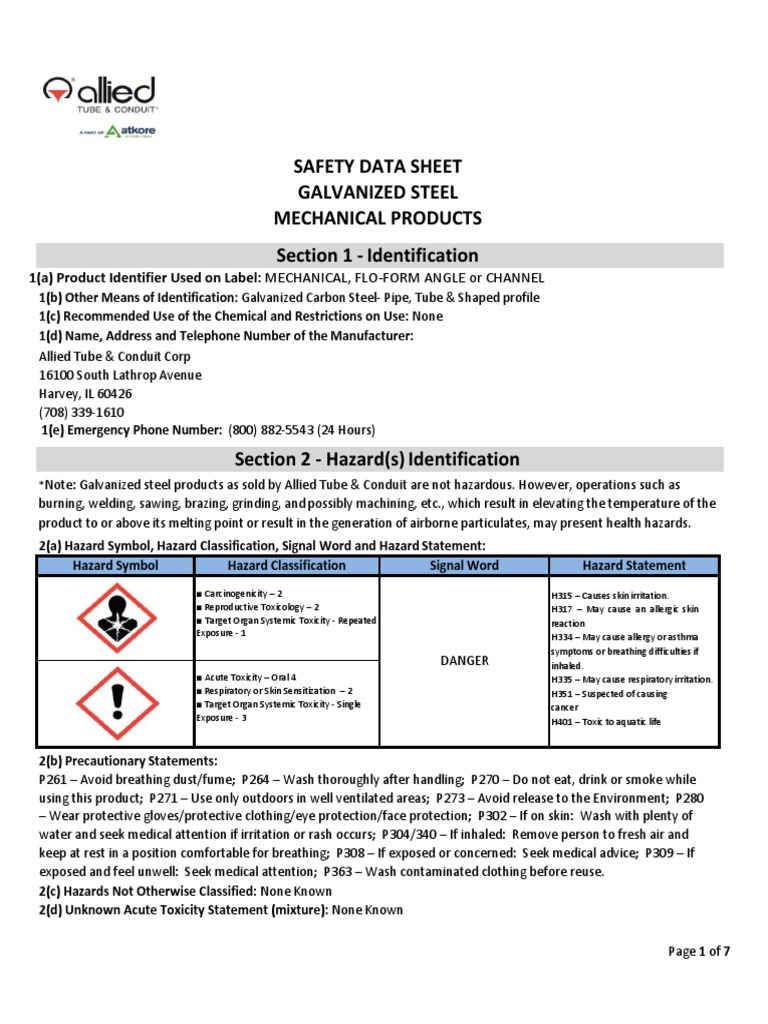 Galvanized Steel Safety Data Sheet | PDF | Personal Protective ...