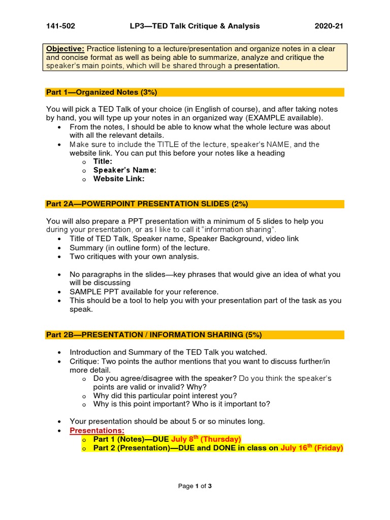 LP3 - TED Talk Critique Analysis - Intructions | PDF | Microsoft Power ...