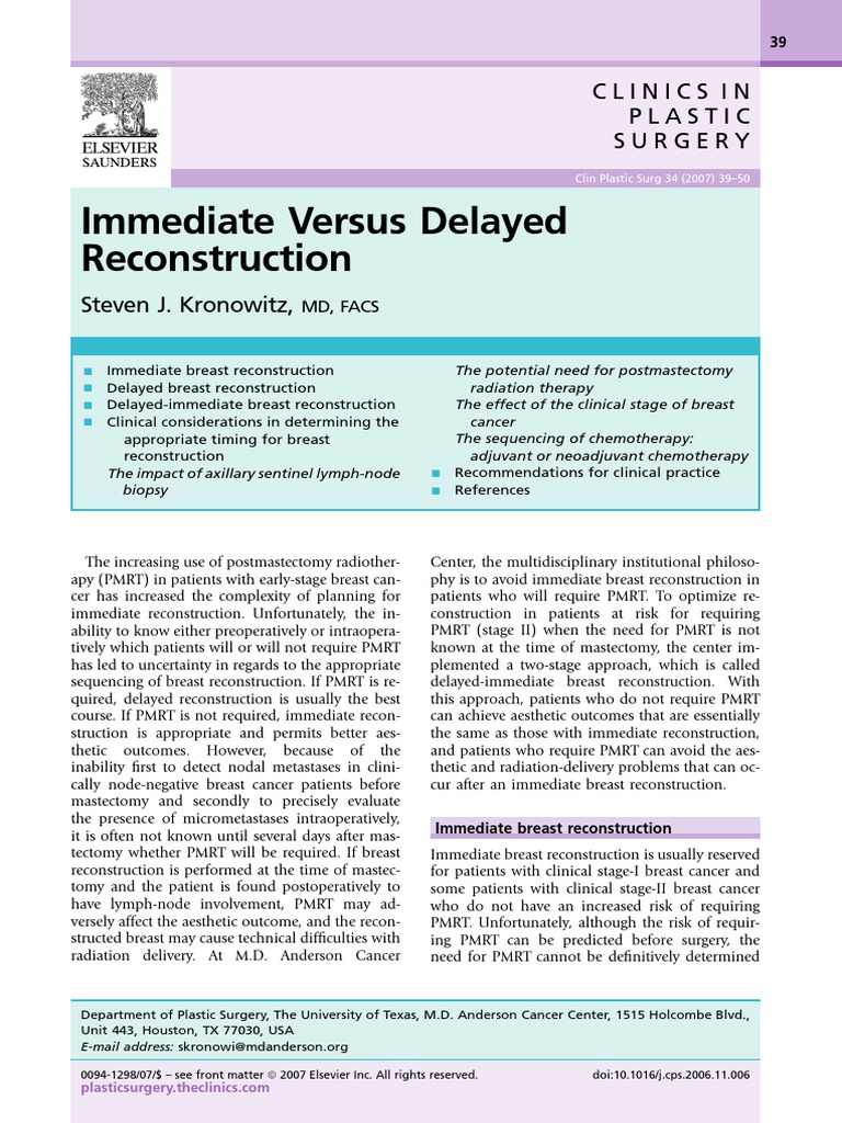 Immediate Versus Delayed Reconstruction | PDF | Breast Cancer | Mastectomy