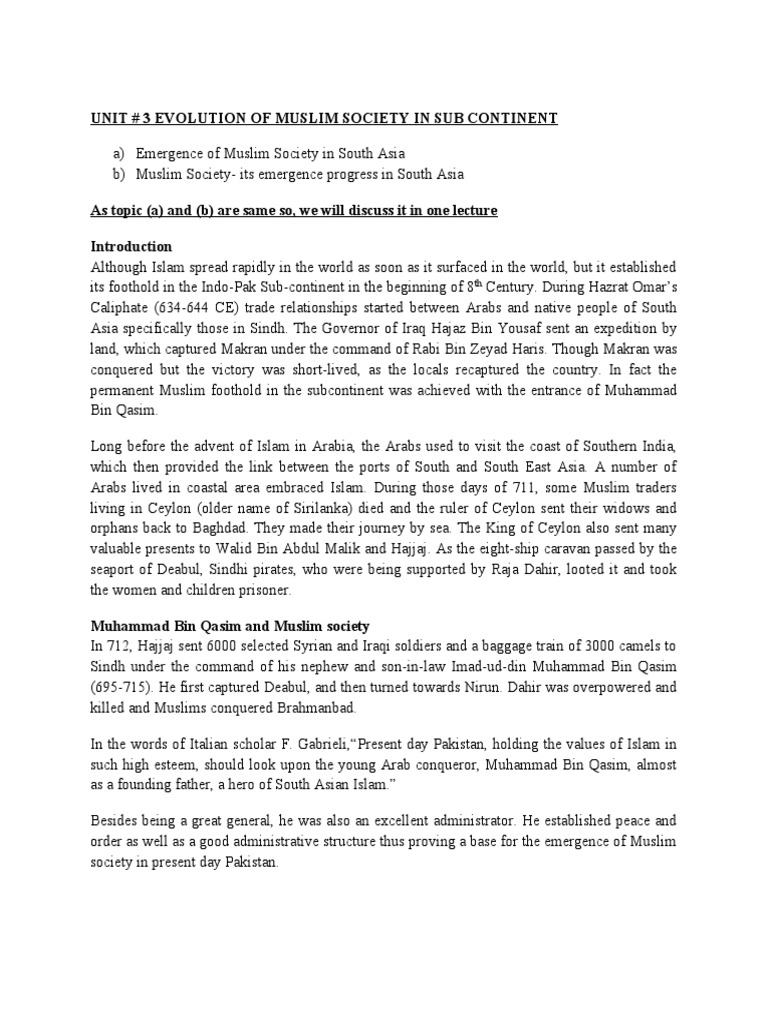 Full Chapter # 3 Evolution of Muslim Society in Sub Continent. | PDF