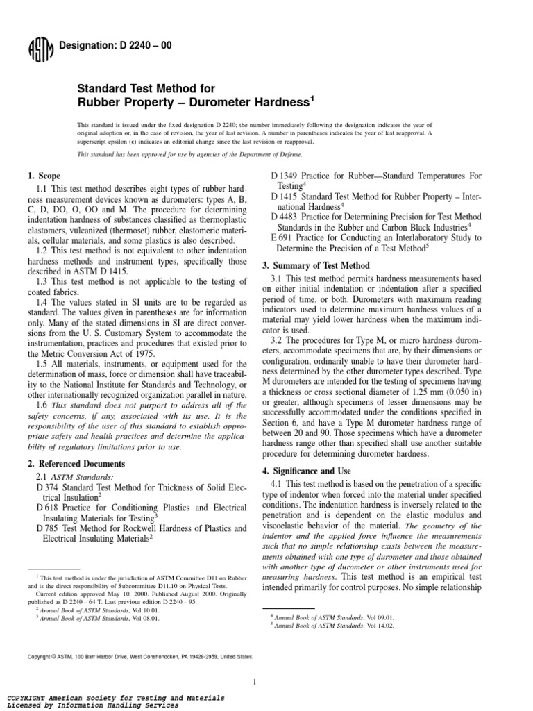 ASTM D 2240 - 00 - Rubber Durometer | PDF | Calibration | Timer