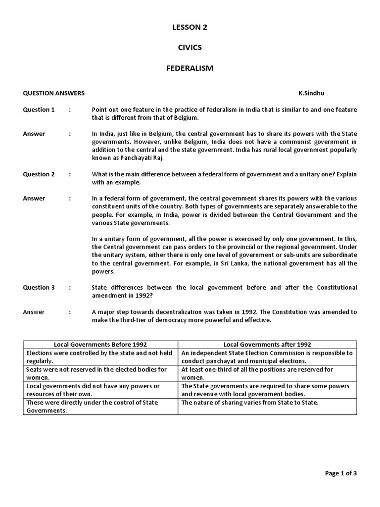 Lesson 2 Civics Federalism: Question Answers K.Sindhu | Descargar ...