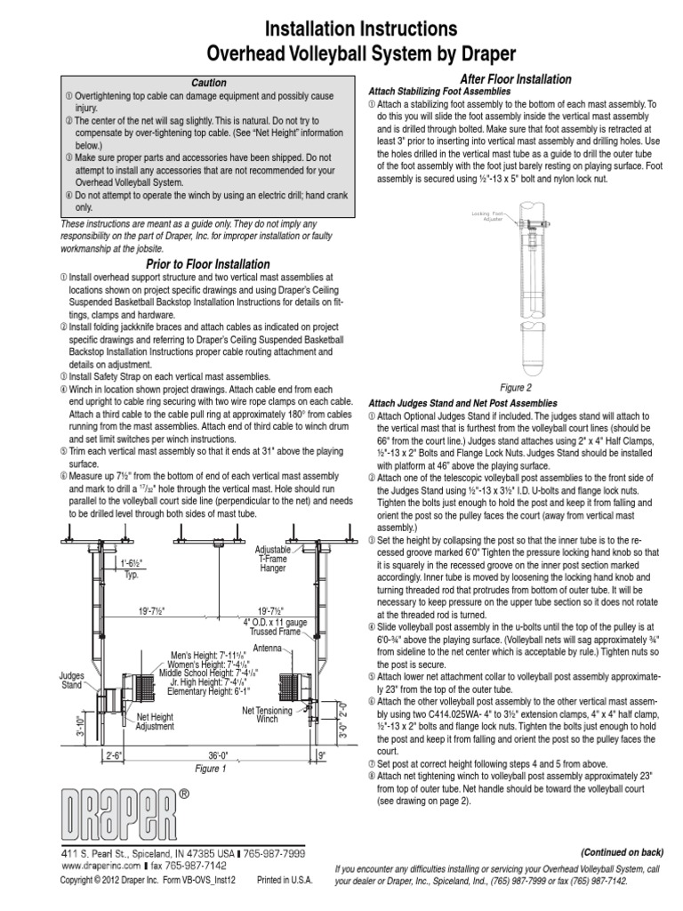 Installation Instructions Overhead Volleyball System by Draper | PDF ...