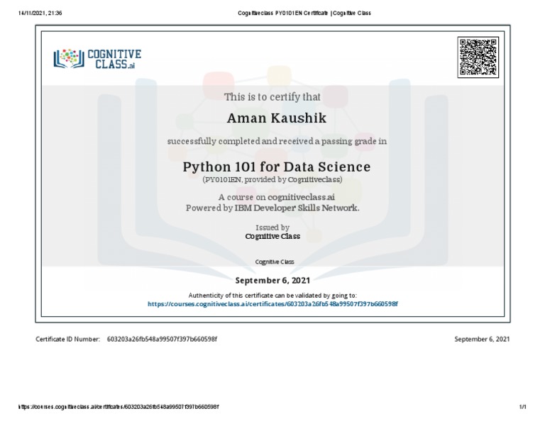 Cognitiveclass PY0101EN Certificate - Cognitive Class | PDF
