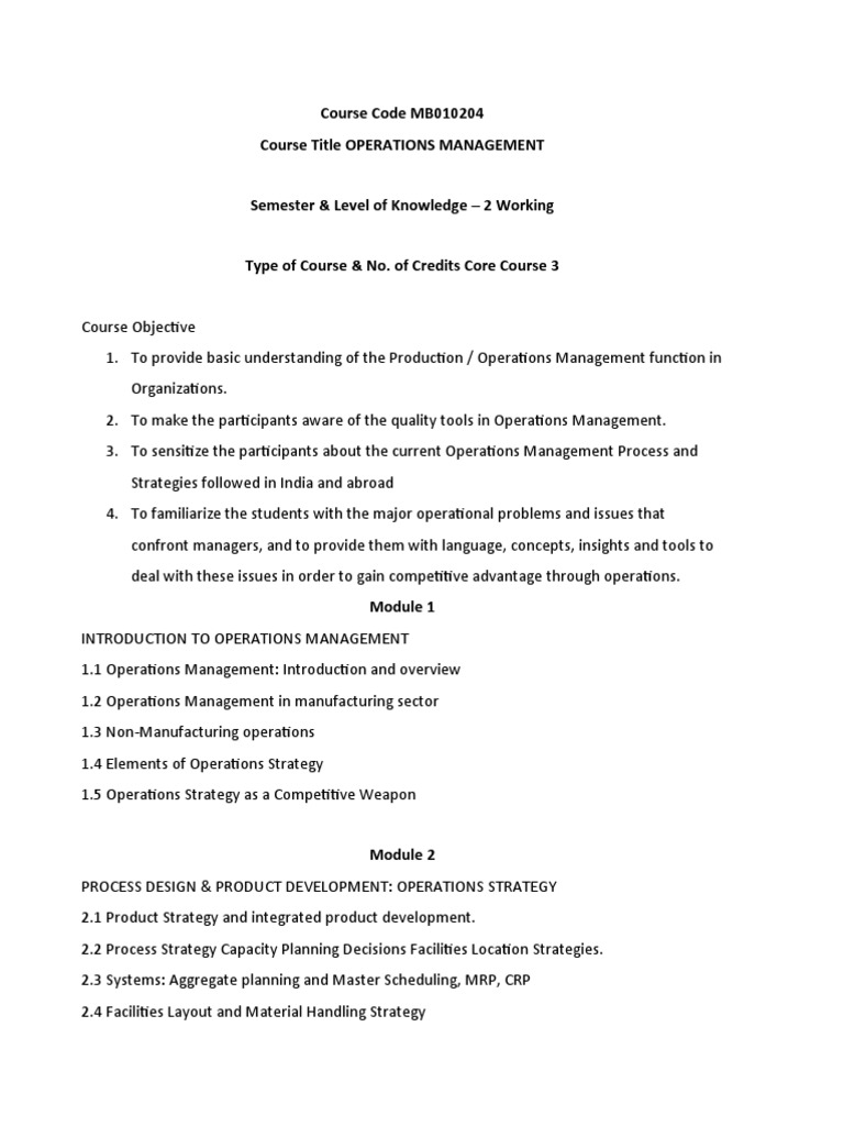 Course Code MB010204 Course Title Operations Management | PDF ...