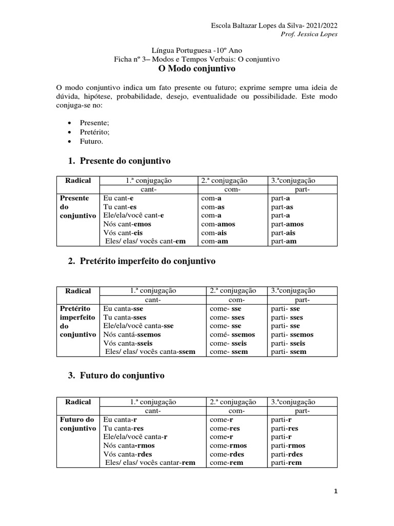 Ficha 10 Ano Modo Conjuntivo | PDF | Linguística