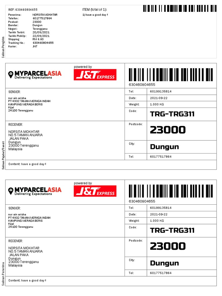 JNT Shipping Receipt for Dungun Delivery | PDF